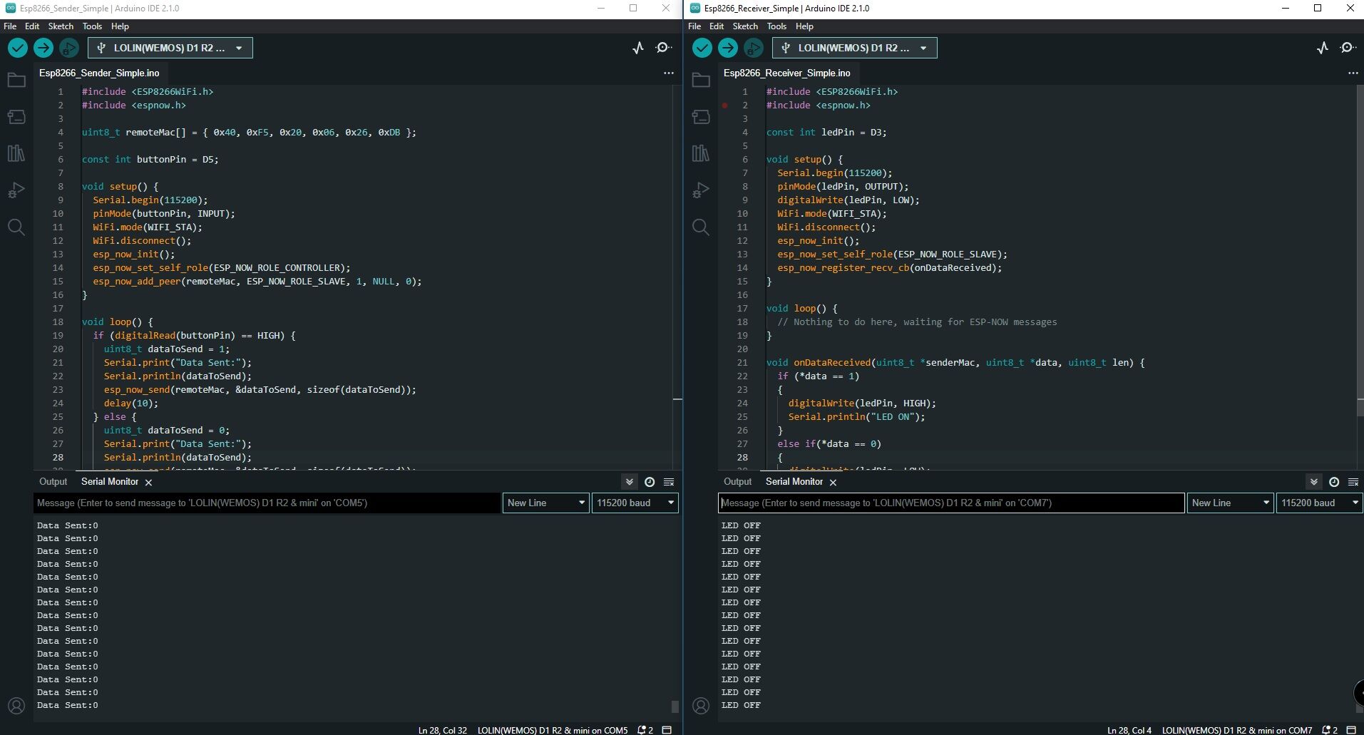 Connecting Two ESP8266 Modules Using ESP-NOW: A Button and a Led