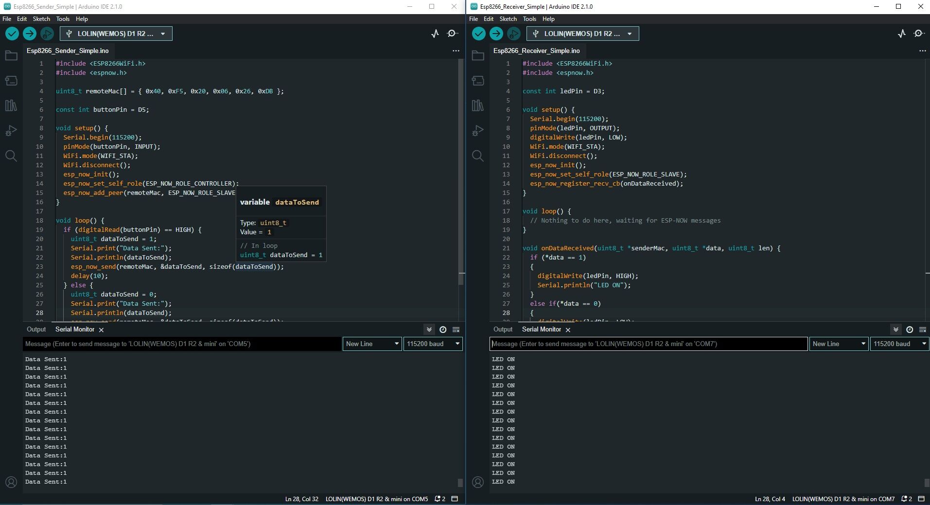 Connecting Two ESP8266 Modules Using ESP-NOW: A Button and a Led