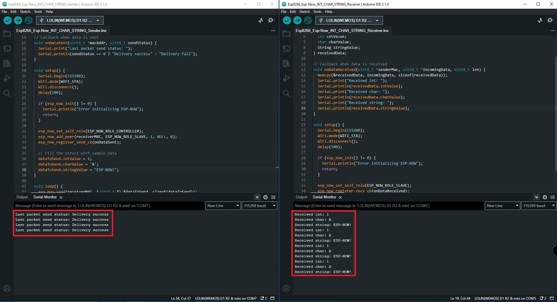 Two ESP8266 and ESP-NOW: Transmitting Int, Char and String